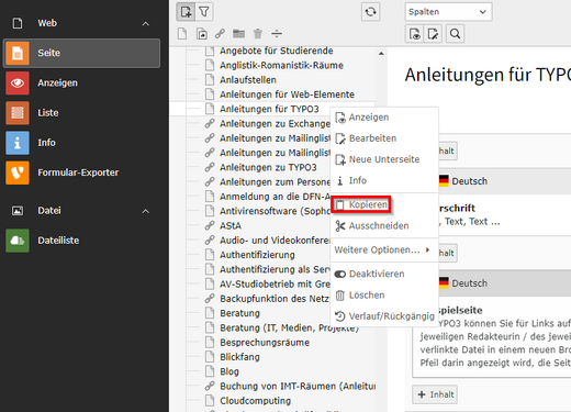 TYPO3 - Seite oder Seiten kopieren und einfügen – ZIM HilfeWiki